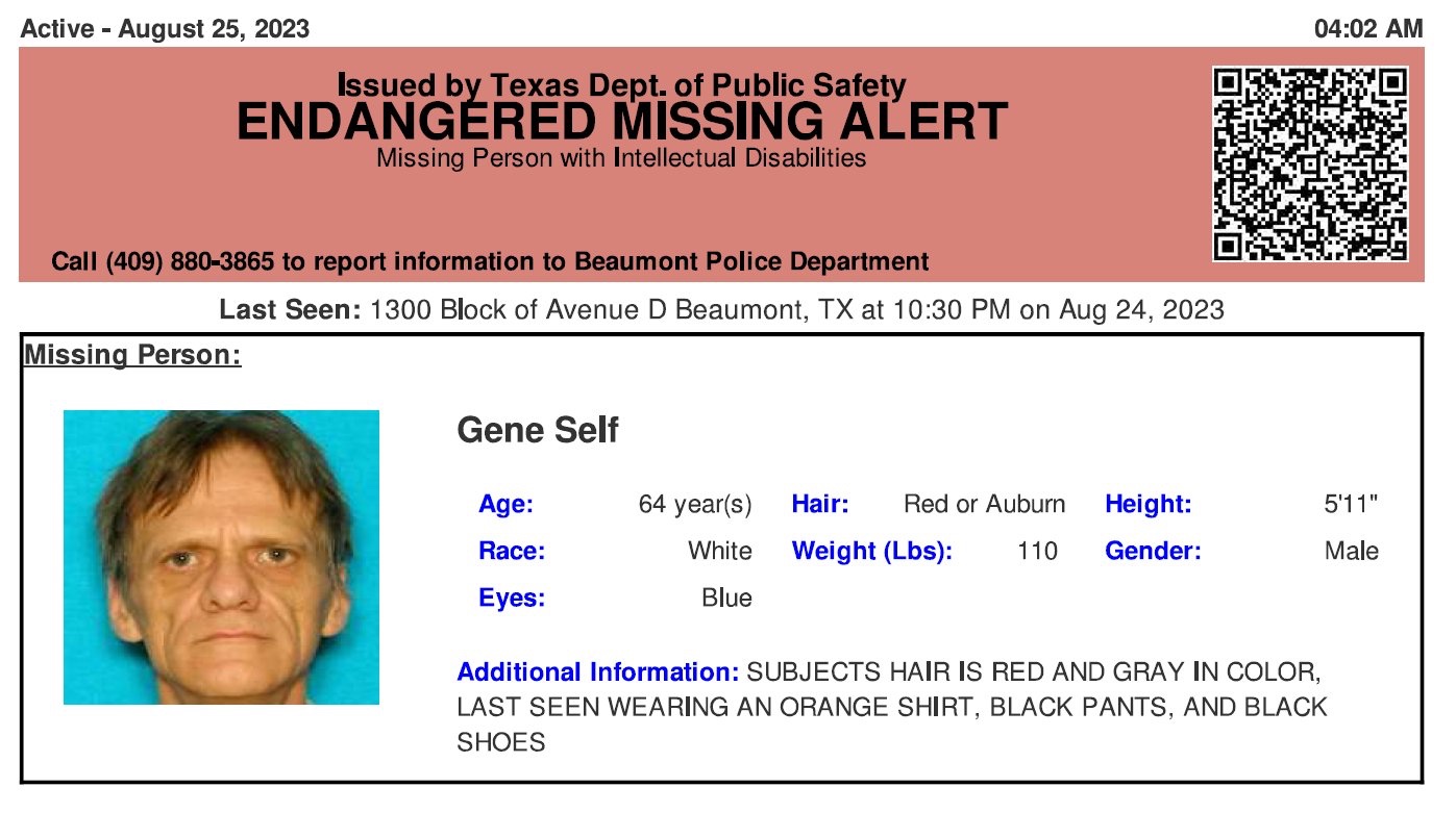 Endangered Missing Alert Issued for Gene Self, 64, Last Seen in Beaumont - Rideshare Houston